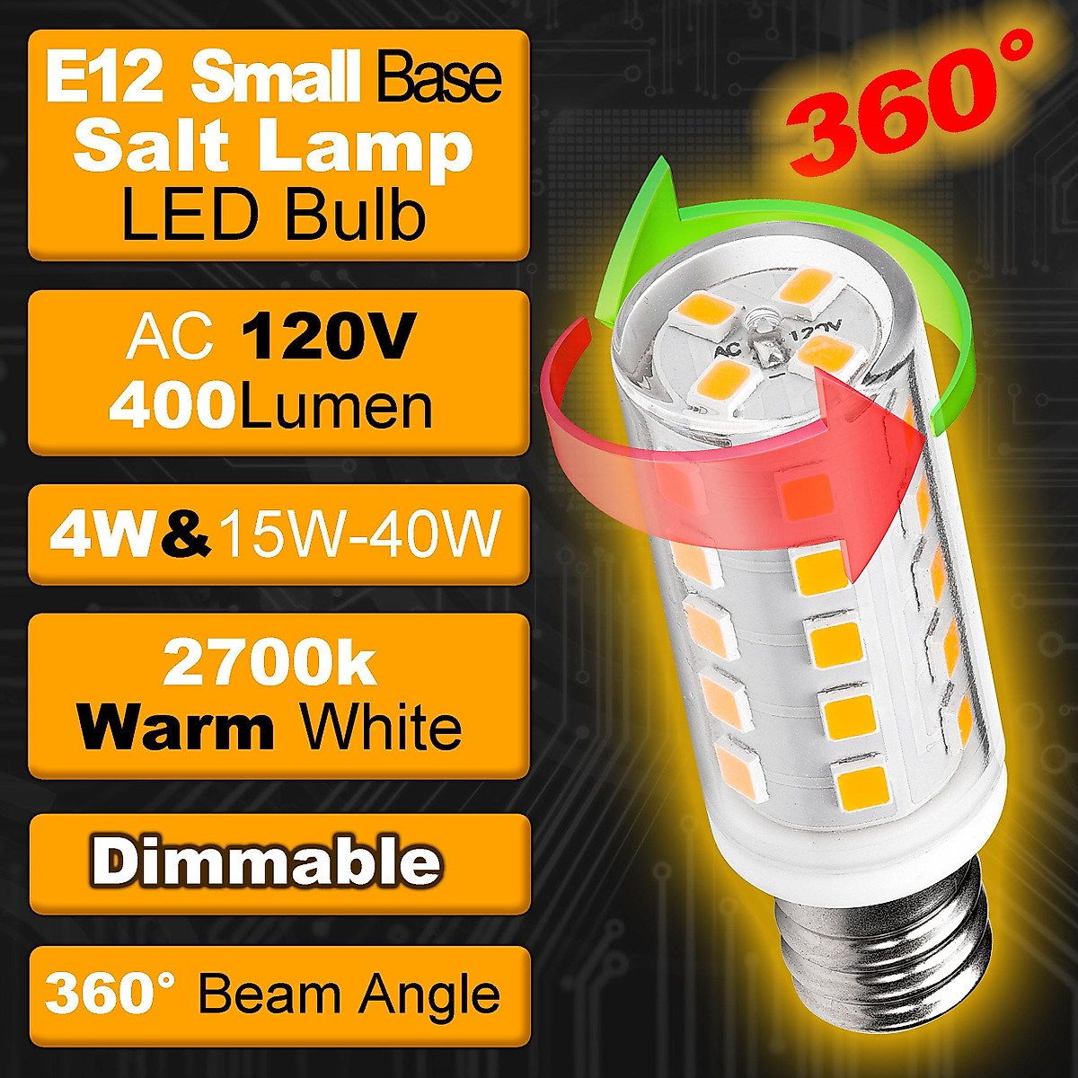 Dimmable E12 LED Bulb Himalayan Salt Lamp 4W, Equivalent 15W 40W, 400lm 2700K Warm White AC120V S6 C7 E12 Candelabra Base for Night Light Chandeliers Christmas Light Candle Lamp Dryer Bulbs, 4 Pack