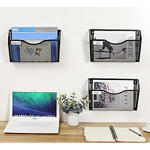 EasyPAG Hanging Wall File Organizer Mesh 3 Single Pocket Vertical Wall File Holder Mail Paper Rack with Nametag Label , Black
