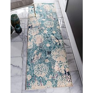 Unique Loom Positano Collection Coastal Modern Coral Lobster Shells Light Blue Runner Rug (2' x 7')