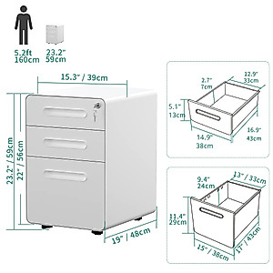 YITAHOME 3-Drawer Metal Mobile File Cabinet, Rolling Filing Cabinet with Lock, Filing Cabinet Under Desk fits Legal/A4 Size for Home/Office, Fully Assembled,White