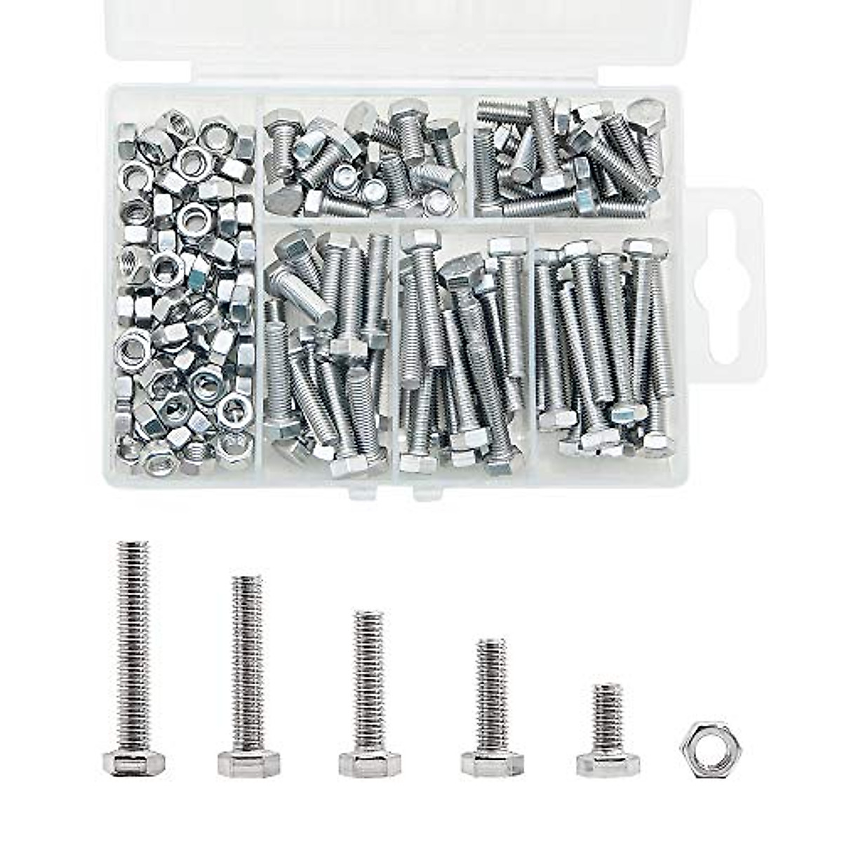 150PCS M5 Hex Head Cap Screws Bolts and Nuts Assortment Set,304 Stainless Steel Fasteners Bolts Kit with Combination Box，10/16/20/25/30mm Length