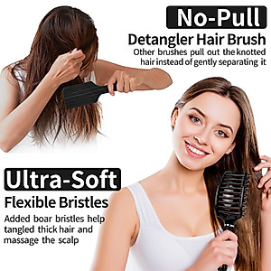 Boar Hair Brushes 2 Pack, Suitable for Men, Women & Kids’ Long Curly Wet or Dry Hair, HIPPIH Hairbrush for Thick Hair Can Adds Shine and Makes Hair Smooth