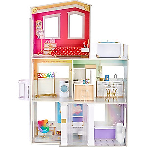 Rainbow High House – 3-Story Wood Doll House (4-Ft Tall & 3-Ft Wide), Fully Furnished Fashion Dollhouse, Working Hot Tub, Shower, Elevator, 50+ Accessories, Gift Toy for Kids Ages 6 7 8+ to 12 Years
