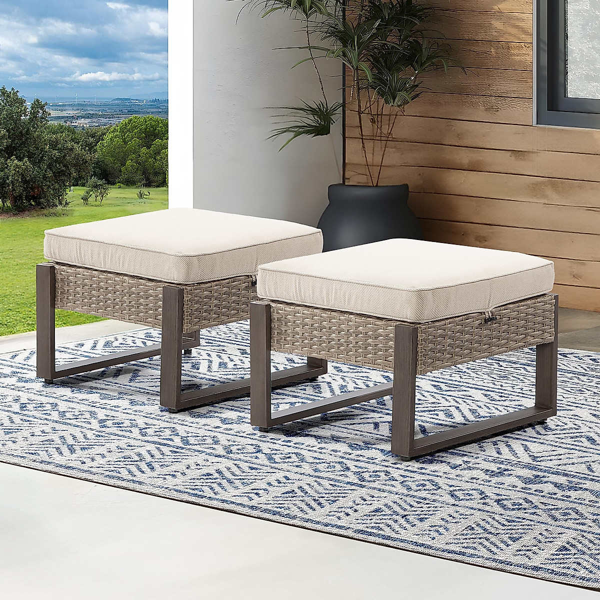 MeetLeisure Patio Wicker Ottoman Set of 2, Outdoor PE Rattan Footstools with Removable Cushions & Wood Looking Metal Steel Framed Legs for Garden Backyard Porch Deck, Beige