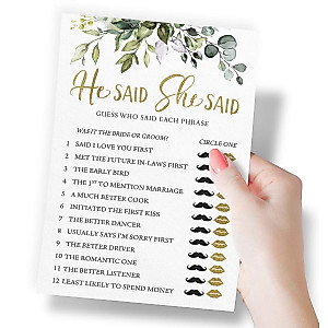 Printed Party Bridal Shower Games – He Said She Said Game with Fun Bride and Groom Trivia, Wedding Shower Activity, Botanical Eucalyptus Theme, 50 Guests