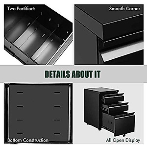 Black File Cabinet, 3 Drawer Mobile File Cabinet with Lock and Wheels, Under Desk Metal Filing Cabinet for Office，Lockable Rolling Cabinet with 2 Keys for Legal/Letter/A4 Size, Fully Assembled （A）