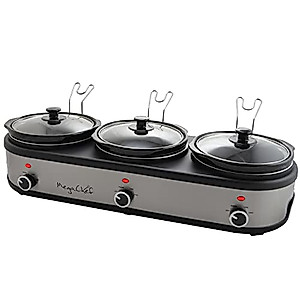MegaChef Warmer Elite 2.5 Quart Slow Cooker and Buffet Server in Brushed Silver and Black Finish with 3 Ceramic Cooking Pots and Removable Lid Rests