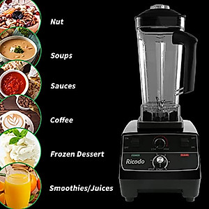 Ricodo Professional Blender for Kitchen, Countertop Blender 1800W with Timer Control and 2L Tritan Container, Blender for Shakes and Smoothies, Crushing Ice, Frozen Fruit (Black)
