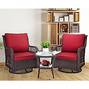 coucheta Indoor Wicker Swivel Rocking Chair Sets with End Table, Leisure Patio Furniture Set for Living Room, Balcony, Garden and Patio (A, Rust)