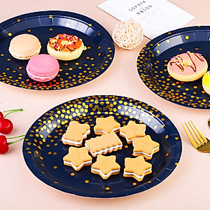 Aneco 60 Pieces 9 Inches Disposable Paper Plates Blue and Gold Foil Dot Dessert Plates Round Paper Plates for Wedding Bridal Shower Birthday Party Decorations