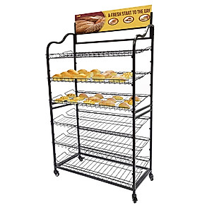 FixtureDisplays® Wide Metal Bakery Display Rack on Wheels, 6 Shelves with Header Holder, 39.5" Wide X 18.5" Deep X 67.8" Black 19399-New-NF
