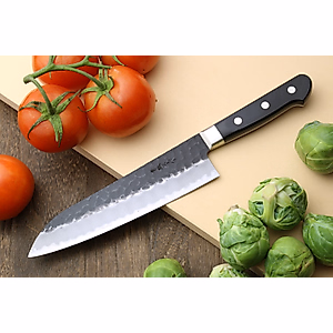 Yoshihiro Kurouchi Super Blue Steel Stainless Clad Santoku Multipurpose Chef Knife (7" (180mm) & Saya, Black Pakkawood Handle)