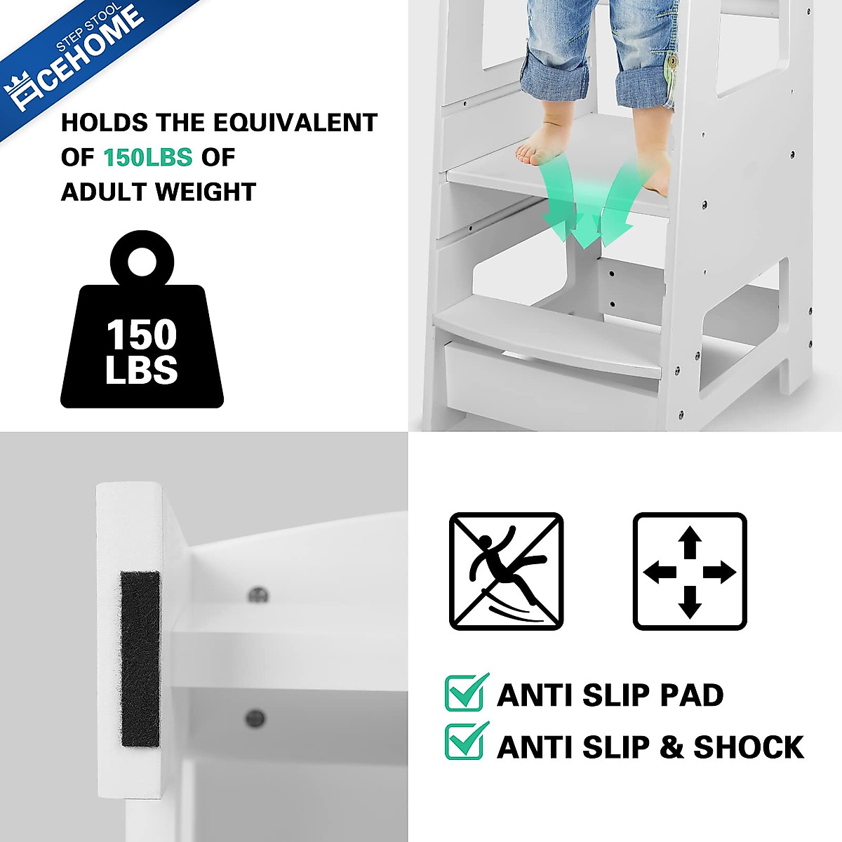 ACEHOME Toddler Kitchen Stool, Toddler Tower with Safety Rail, Toddler Stool for Kitchen Counter, Adjustable Height Little Helper Tower, Kitchen Stool for Toddlers 18 Months and Older, White