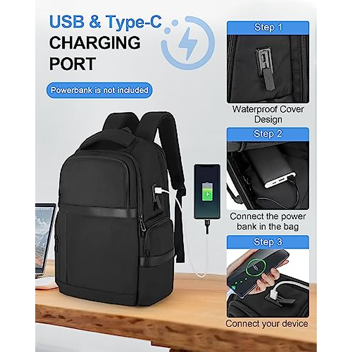 Travel Laptop Backpack for Men, Waterproof Anti Theft Backpack for Women, Hiking Backpacks with USB Type-C Charging, Business Back pack Daypack, Black Upgrade