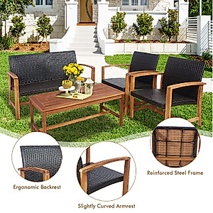 Tangkula 4-Piece PE Rattan Patio Furniture Set, Outdoor Conversation Set with Solid Acacia Wood, Outdoor Bistro Set with 1 Coffee Table, 1 Loveseat and 2 Chairs for Poolside, Backyard and Deck