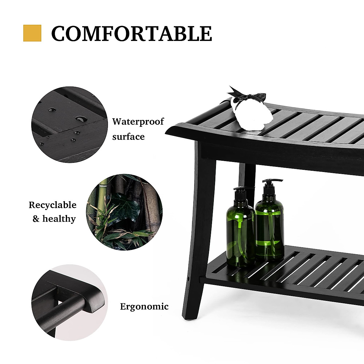 Bamboo Shower Bench Inside Shower Stool with Storage Shelf, Spa Bath Chair for Bathroom, Seat or Organizer for Living Room, Bedroom and Garden - Great for All Ages Unisex Elderly (Waterproof, Black)