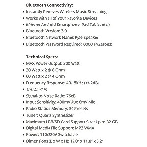 Pyle PT272AUBT - Wireless Bluetooth Audio Power Amplifier - 300W 4 Channel Home Theater Stereo Receiver with USB, AM FM, 2 Mic IN with Echo, RCA, LED, Speaker Selector - For Studio, Home Use, black