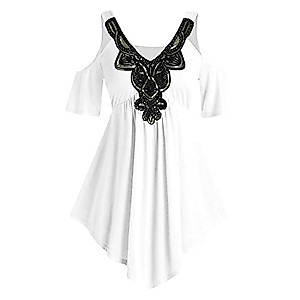 Sdeycui Womens Plus Size Tiered Lace Appliques Cold Shoulder V-Neck Short Sleeve T-Shirt Blouse Shirt(White, XXXL)