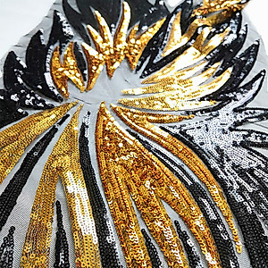 African Sequins Long Appliques Patches Embroidered Nigerian Lace Fabrics French Tulle for Women Evening Clothes Prom Dresses(Black and Gold, 1 Piece(30x130cm))