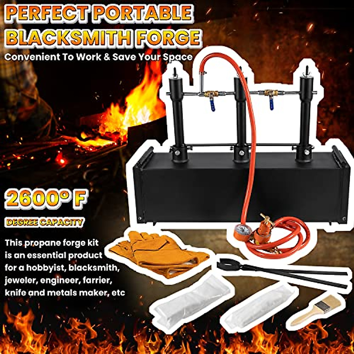 Triple Burners Portable Propane Gas Forge Three Burners 2600°F/1425℃ Large Capacity Square Forging Furnace for Blacksmithing Farrier Knife Tool Making Equipment with Tong & Gloves