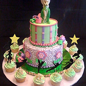 24 PCS Peter Pan Cupcake Toppers Glitter Star Do Not Grow Up Night Fairy Tales Neverland Elf Girl Cupcake Picks for Baby Shower Birthday Party Cake Decorations Supplies Gold Black