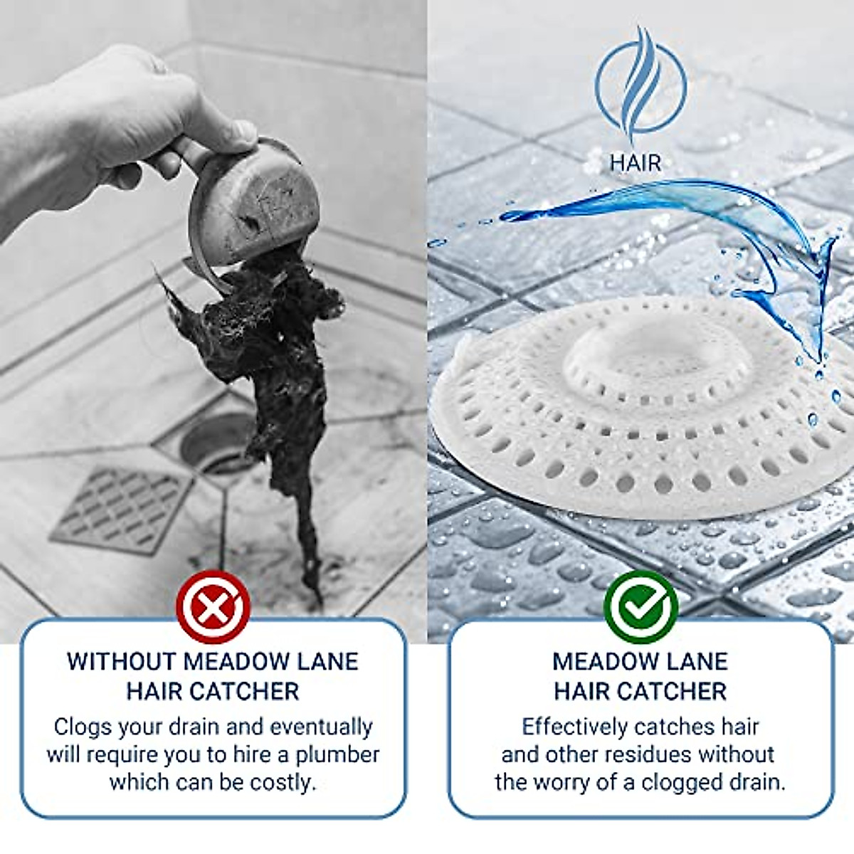 Meadow Lane Goods Hair Collector for Shower Drain - Self-Sealing, White, Multi-Size Fit Hair Catcher (1 Pack)