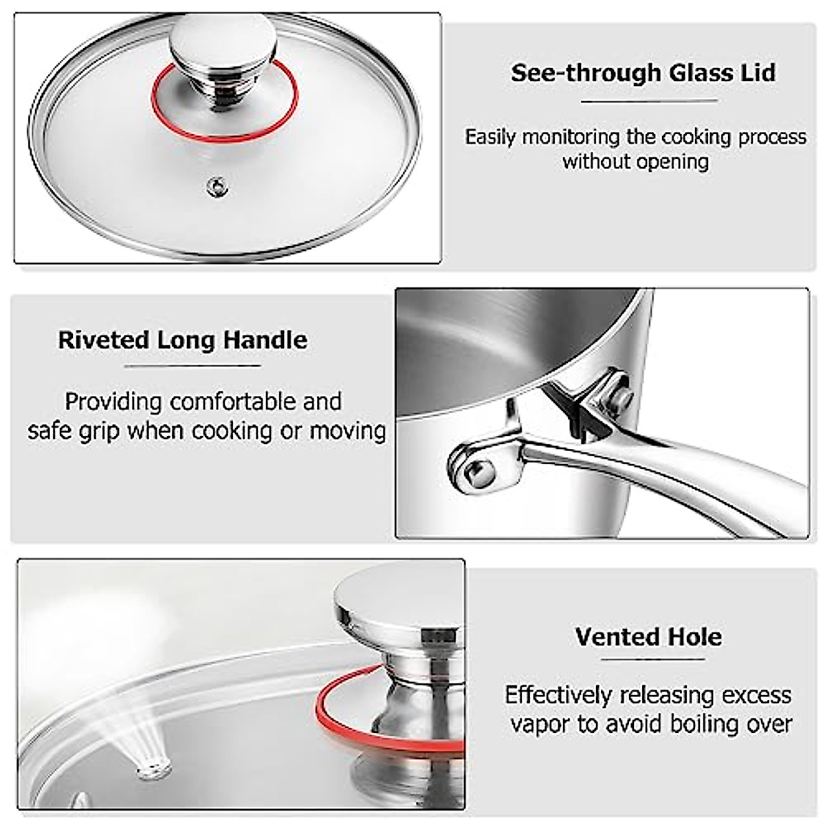 TeamFar 1qt & 2 qt Saucepan with Lid, Stainless Steel Tri-ply Small Cooking Pot Milk Pasta Sauce Pan with Ergonomic Handle, for Induction/Gas/Electric/Ceramic, Non-Toxic & Heavy Duty, Dishwasher Safe