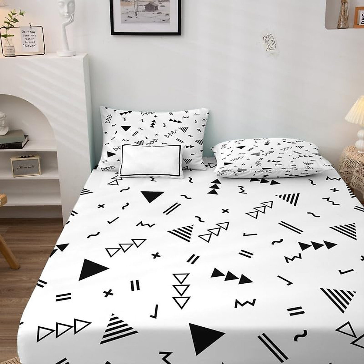 zcsm Geometric Sheets Full Size - White Bed Sheets 4 Piece & 16 Inch Deep Pocket, Soft 600 Thread Microfiber Wrinkle Free Bedding Sheets, 1 Fitted Sheet, 1 Flat Sheet, 2 Pillowcases