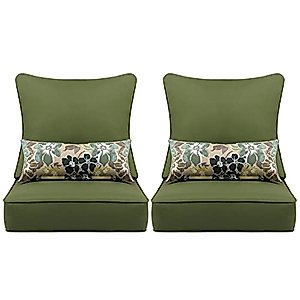 Aoodor 24'' x 24'' Outdoor Deep Seat Chair Cushion Set，Olefin Fabric Slipcover and Sponge Foam- Green (Set of 2 Seats, 2 Backs, 2 Pillows)