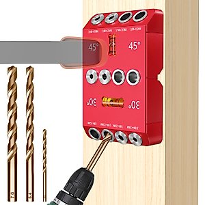 CKE 30 45 90 Degree Angle 4 Sizes Drill Hole Guide Jig with 3 Drill Bits for Angled Straight Hole, Deck Cable Railing Lag Screw Drilling Template Block for Horizontal Cable Wood Post Handrail DG02