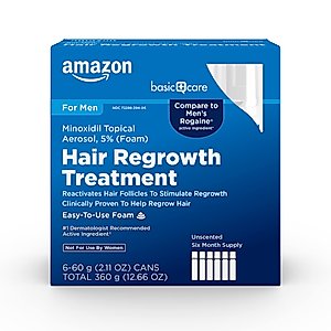 Amazon Basic Care Minoxidil Topical Aerosol, 5% Foam, Hair Regrowth Treatment for Men, 6-month Supply, Unscented, 2.11 oz (Pack of 6)