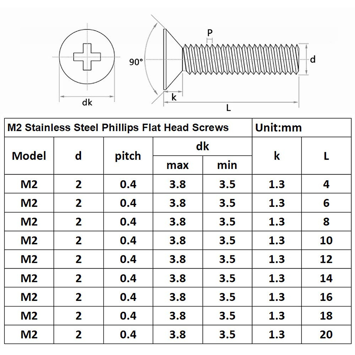 Guard4U 300Pcs Metric M2 Stainless Steel Phillips Countersunk/Flat Head Machine Screws Nuts Assortment Kit- M2x 4mm/ 6mm/ 8mm/ 10mm/ 12mm/ 14mm/ 16mm/ 18mm/ 20mm