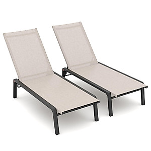 FHVIT Patio Chaise Lounge Set of 2 with 5 Adjustable Backrest, Foldable Aluminum Chaise Lounge Chair Recliner for Outdoor, Poolside, Sun Tanning