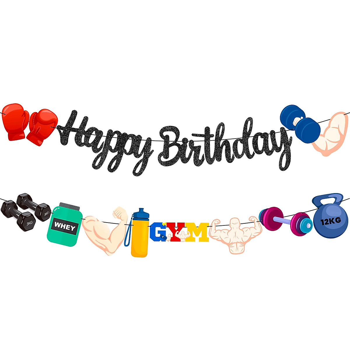 Gym Birthday Party Banner Weight Lifting Birthday Party Decorations 2Pcs Glitter Fitness Birthday Party Banners Gym Happy Birthday Banner for Gym Theme Baby Shower Supplies