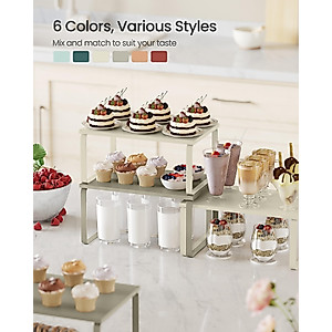 SONGMICS Cabinet Organizer Shelf, Set of 2 Kitchen Counter Shelves, Kitchen Storage, Spice Rack, Stackable, Expandable, Metal and Engineered Wood, Cream White UKCS002W02