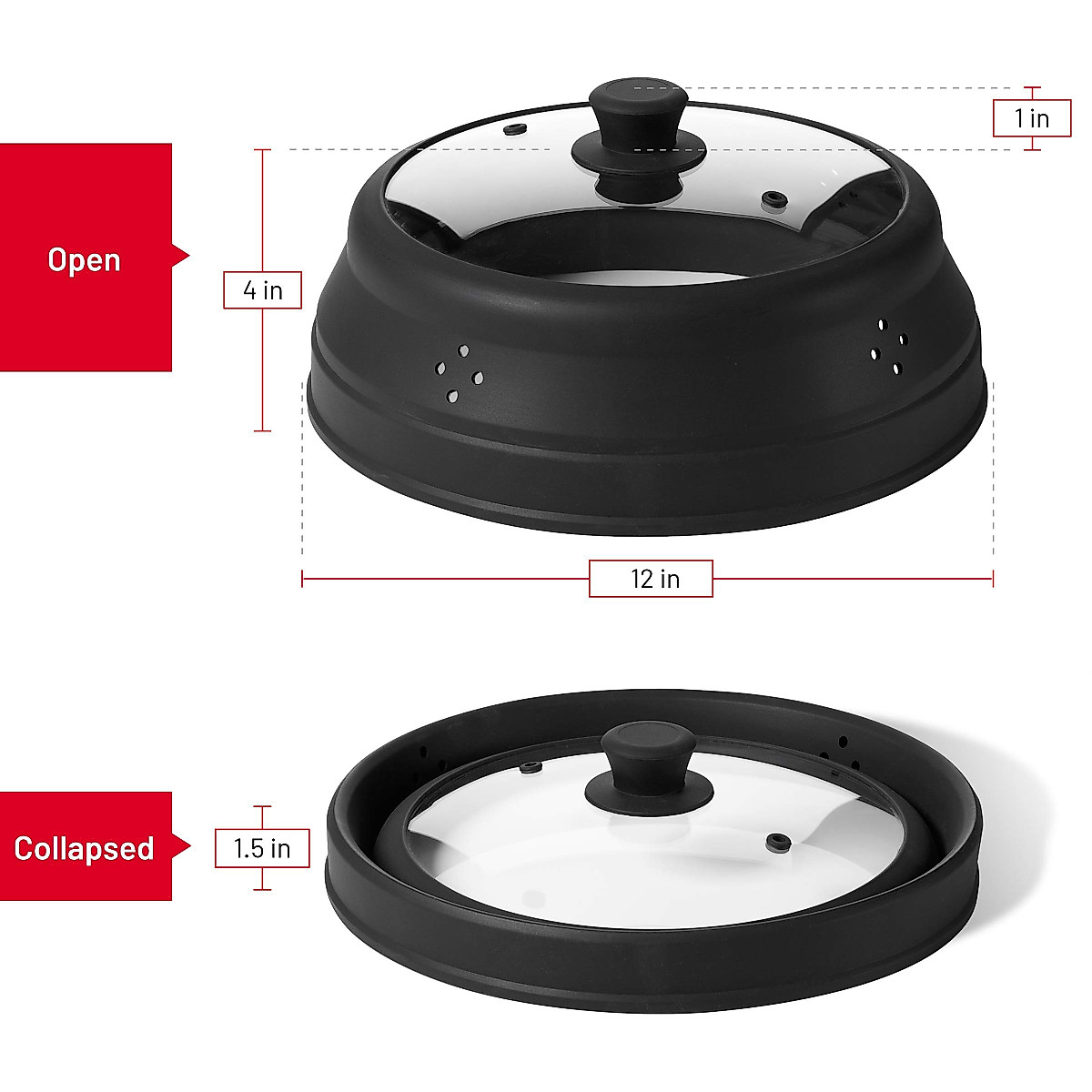 Bezrat Vented, 12-inch Collapsible Microwave Plate Cover for Food, Black - Silicone and Glass Splatter Guard Lid - Fits Plates, Bowls and Meal Prep Containers up to 11.8 x 4 Inch (Black)