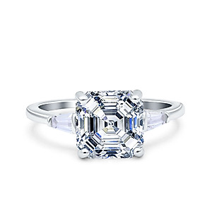 Blue Apple Co. Simulated Cubic Zirconia Size-6 Asscher Cut Art Deco Wedding Engagement Ring Bridal Baguette CZ 925 Sterling Silver