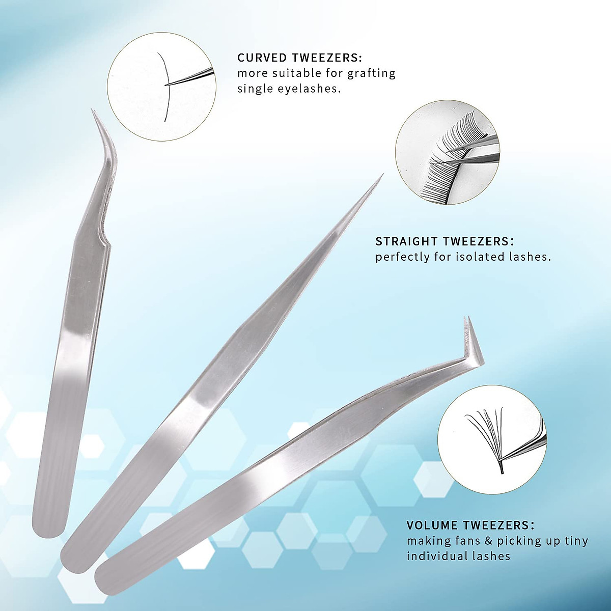 Eyelash Extension Tweezers for Volume Lashes,Isolation,Classic Tweezers Professional Stainless Steel Precision Tweezers Set 3 PCS KIT