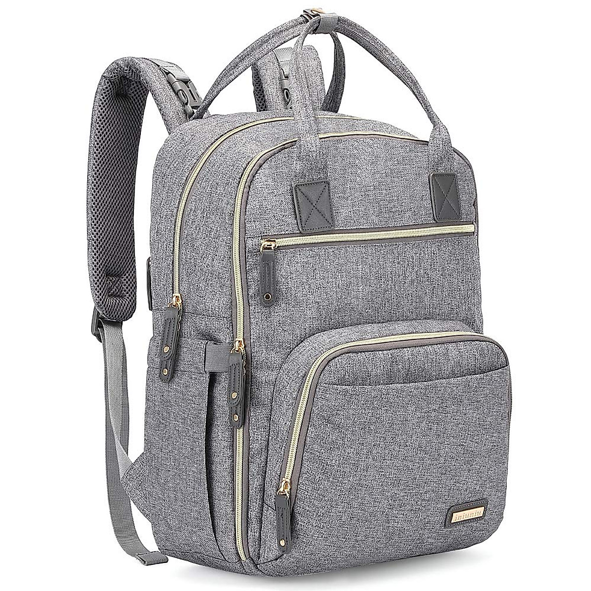 iniuniu Diaper Bag Backpack, Large Unisex Baby Bags Multifunction Travel Backpack for Mom and Dad with Changing Pad and Stroller Straps, Gray