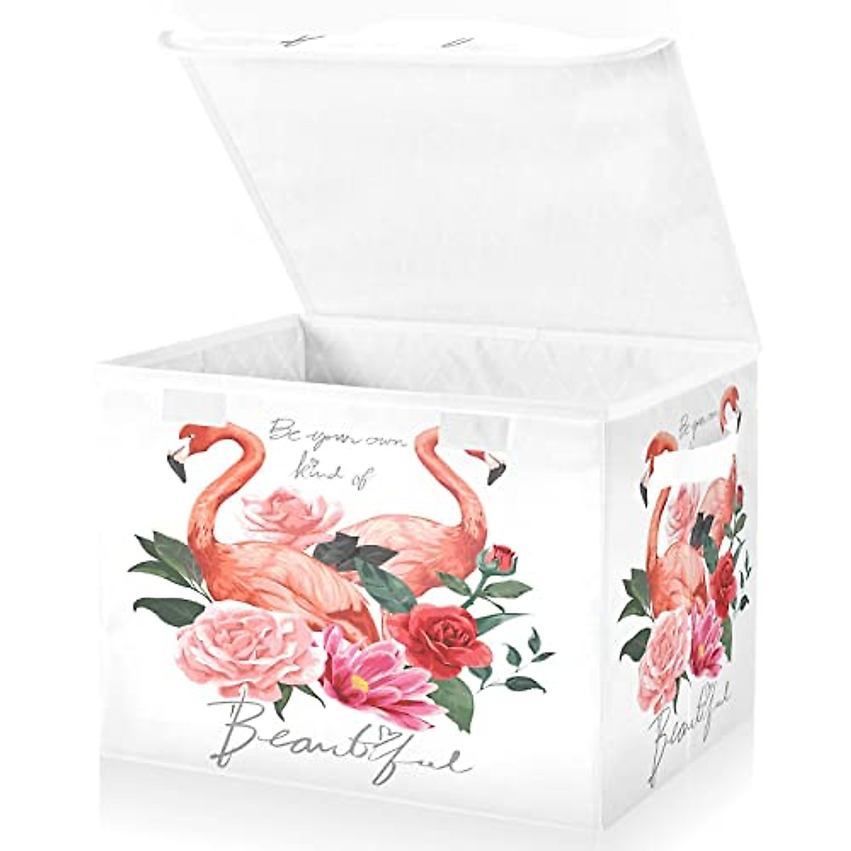 Kigai Flamingos Storage Bins with Lids and Handles 17x13x12 In Foldable Fabric Storage Basket Toys Clothes Organizer for Shelves Closet Home Bedroom Office