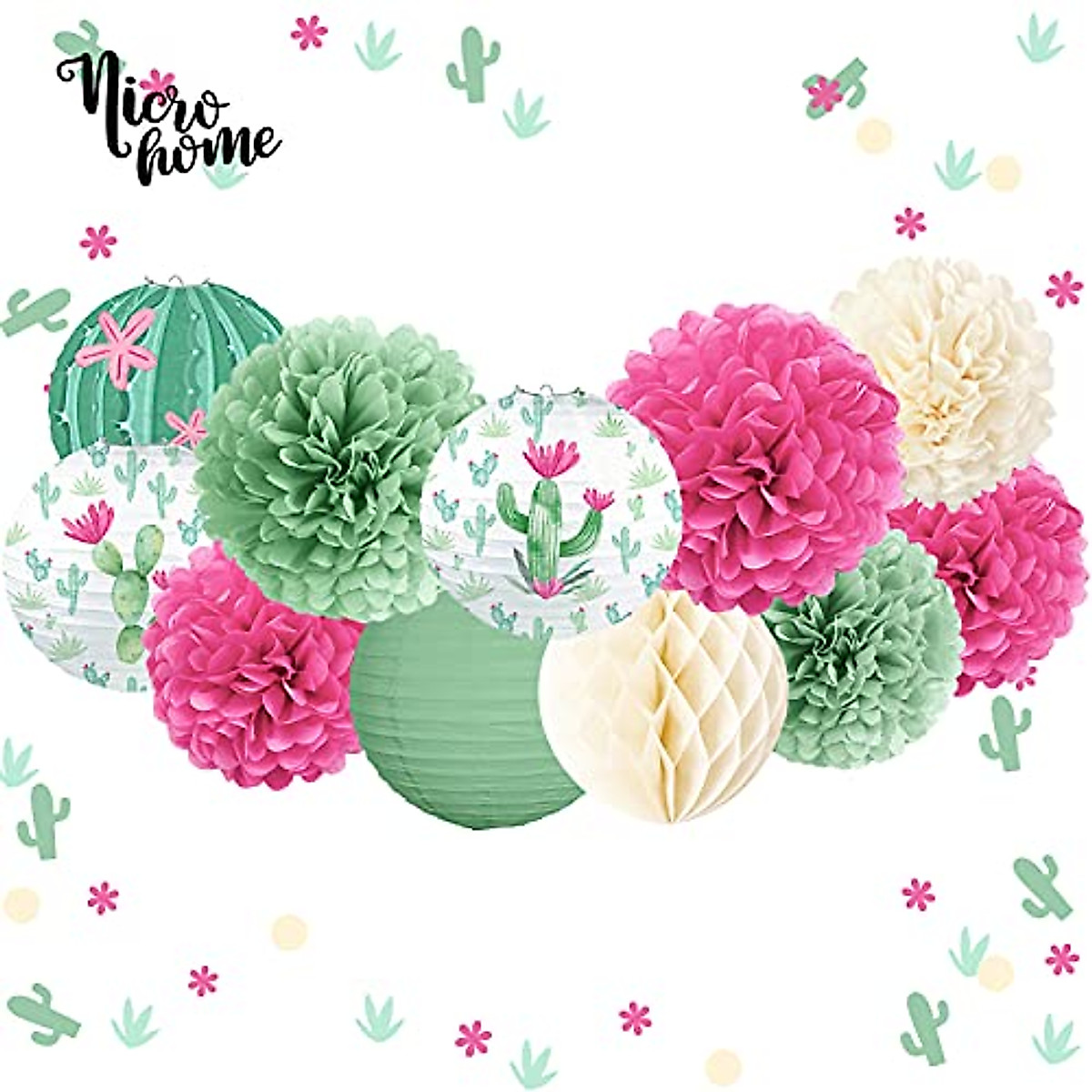 NICROHOME Baby Shower Decorations, 12PCS Green Cactus Hanging Tissue Pom Poms Paper Lanterns Confetti 50G for Rustic Wedding Decor Baby Shower Engagement Birthday