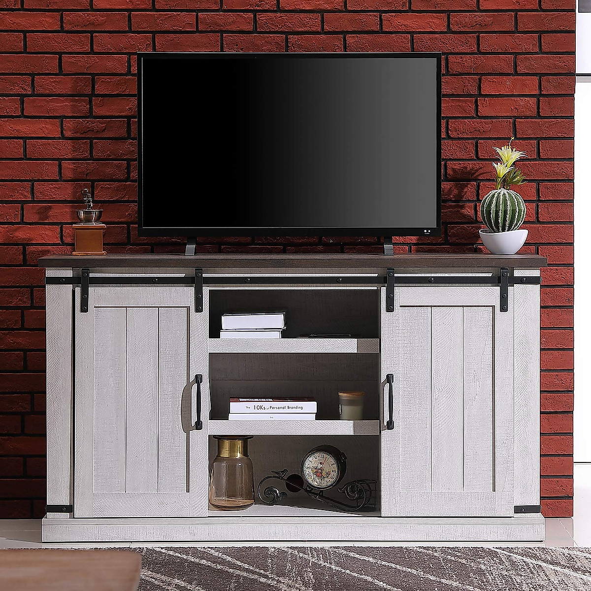 Asifom White Grey Modern Farmhouse Wood TV Stand for 65 Inch TV, Rustic TV Console Media Entertainment Center Table Living Room Storage Cabinet with Sliding Barn Door Adjustable Shelves