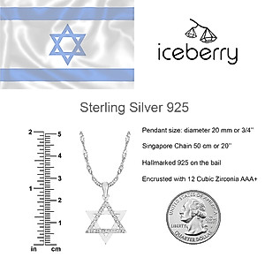 ICEBERRY Jewish Star of David Necklace for Women - Dainty 925 Sterling Silver Cubic Zirconia 6 Point Star Pendant with Singapore Chain 19.7"- Judaica Hebrew Jewelry (White)