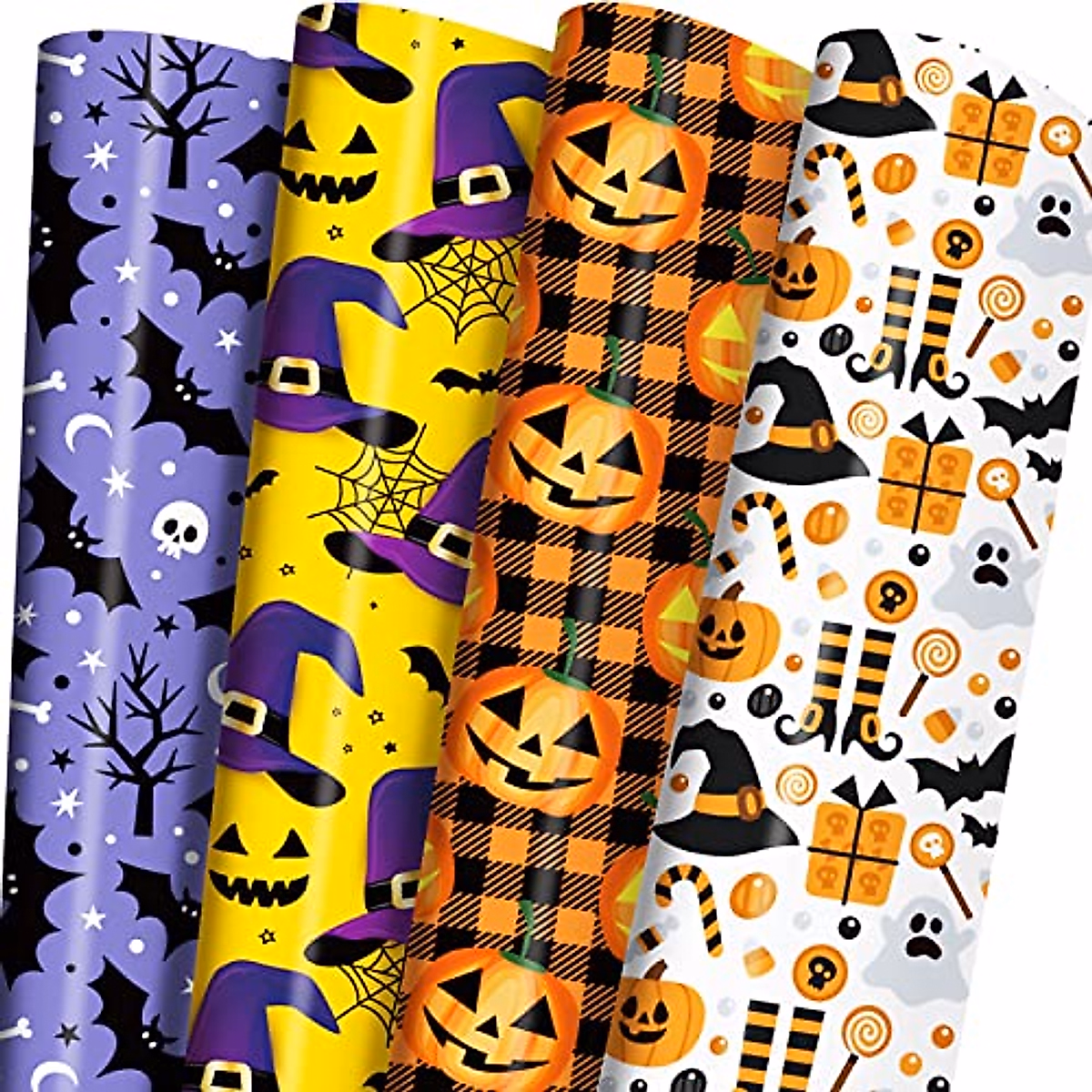 GIOLNIAY Halloween Wrapping Paper for Men Women Boys Girls Kids Baby - Holiday Gift Wrap Contain Jack-o'lantern, Witch Hat, Skulls, Black & Orange Plaids Design - 8 Sheets (20*29 Inch per Sheet), Recyclable, Easy to Store