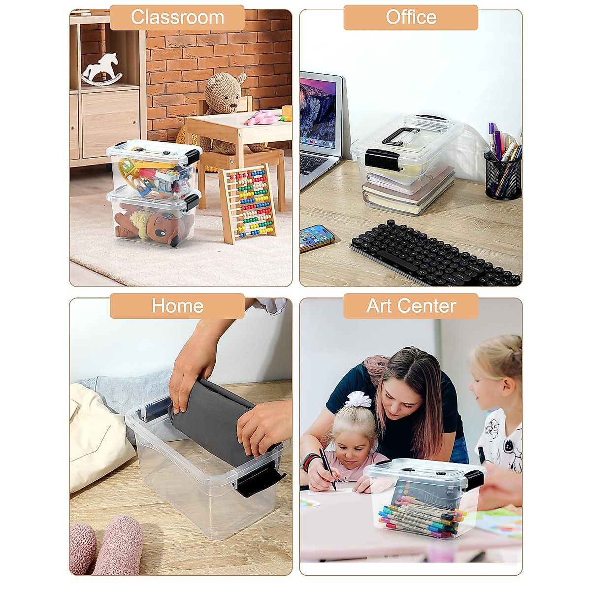 EOENVIVS Plastic Storage Bins 7 Quart-Storage Organizer Bins with Black Buckle Lids, Stackable Storage Bins with Lids for Home Office Kids Room Closet School Art Supplies Organization,6 Packs, Clear