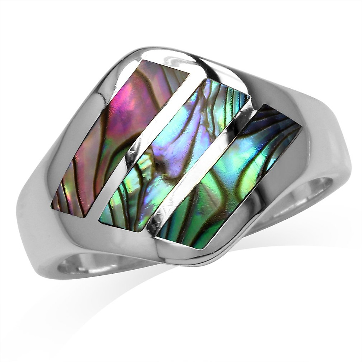Silvershake 3 Stone Abalone Paua Shell Inlay White Gold Plated 925 Sterling Silver Ring Size 7