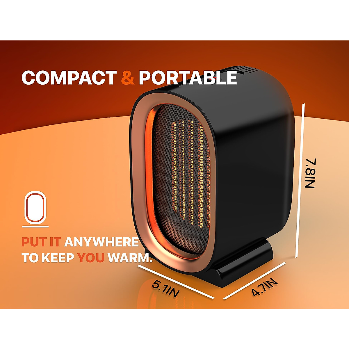 Ceramic Space Heater for Indoor Use, Overheat Protection, Tip-Over Protection, Low Noise Heating, Safe Electric PTC Portable Fan for Office Home Room, Black Smart Handy Warmer for Bedroom Desktop