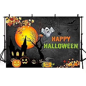 MEHOFOTO Happy Halloween Backdrops for Photography Pumpkin Ghost Halloween Eve Maple Leaves Full Moon Banner Black Evening Birthday Party Decoration Photo Studio Booth Background Props7x5ft