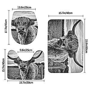 Billichase Highland Cow Bathroom Rugs and Mats Set 3 Pieces Non Slip Absorbent U-Shaped Contour Toilet Mats, Bath Mat and Toilet Lid Cover for Tub Shower and Bath Room