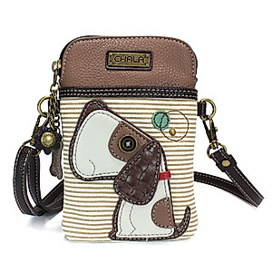 CHALA Cell Phone Crossbody Purse-Women PU Leather/Canvas Multicolor Handbag with Adjustable Strap - Toffy Dog - brown stripe